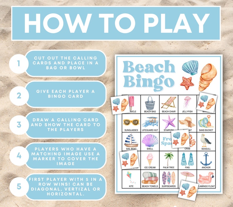 120 Beach Bingo Cards Printable Game, Beach Day Birthday Party Bingo ...
