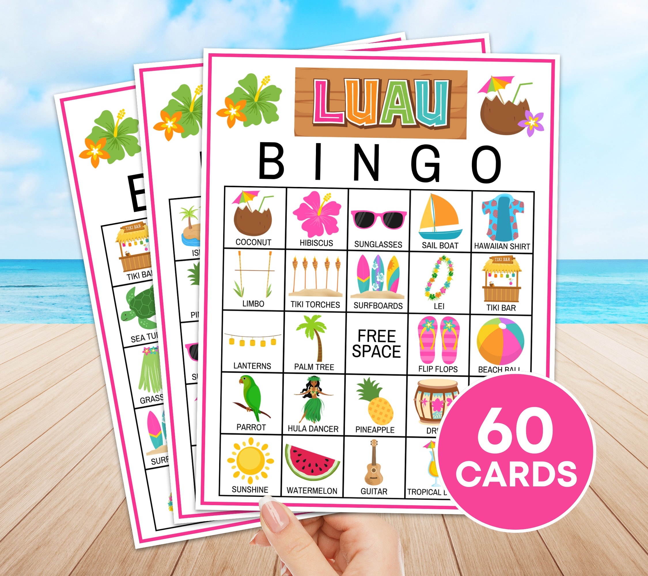 60 Luau Bingo Cards Printable Game, Aloha Hawaiian Birthday Party Bingo ...