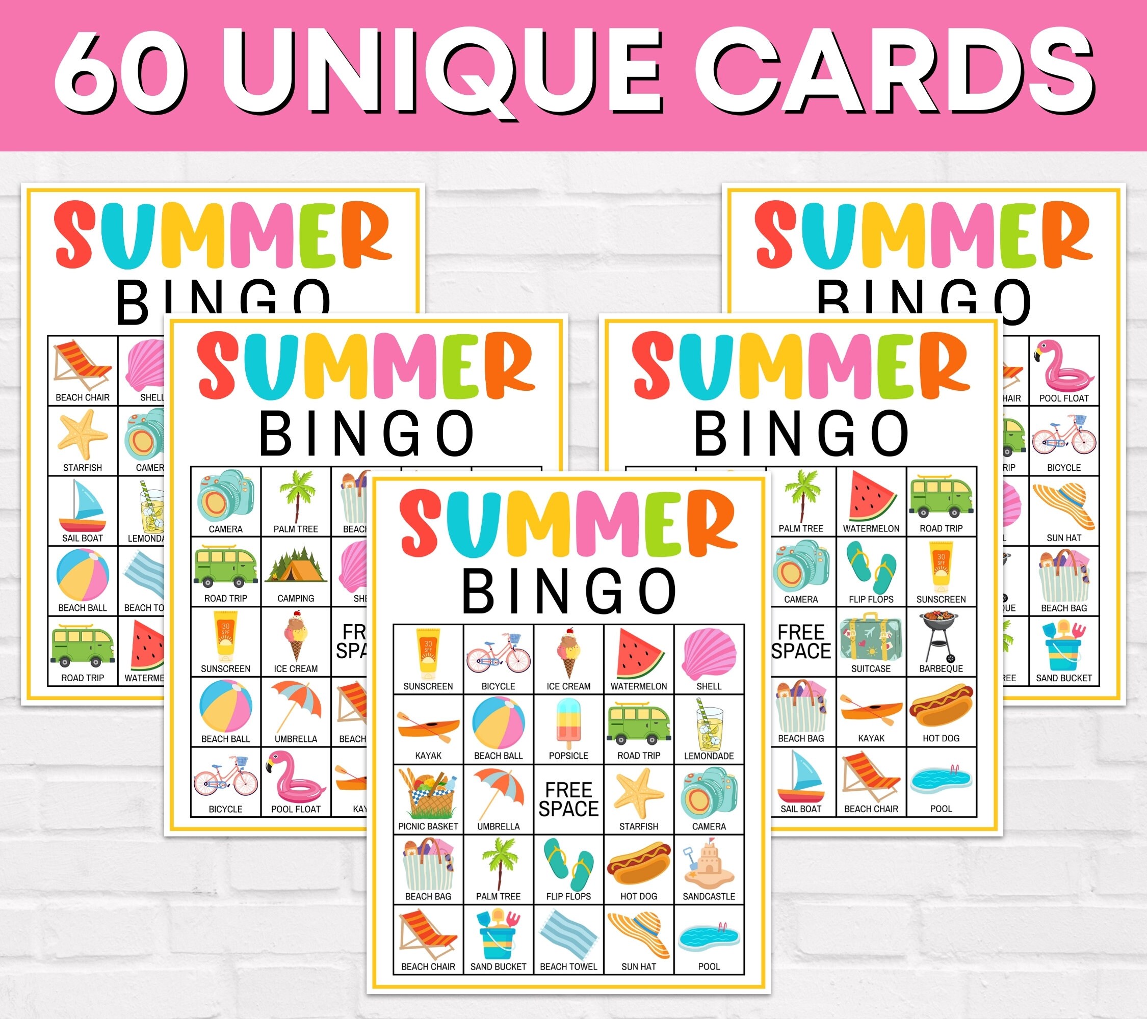 60 Summer Bingo Cards Printable Game, Summer Birthday Party Bingo Game ...