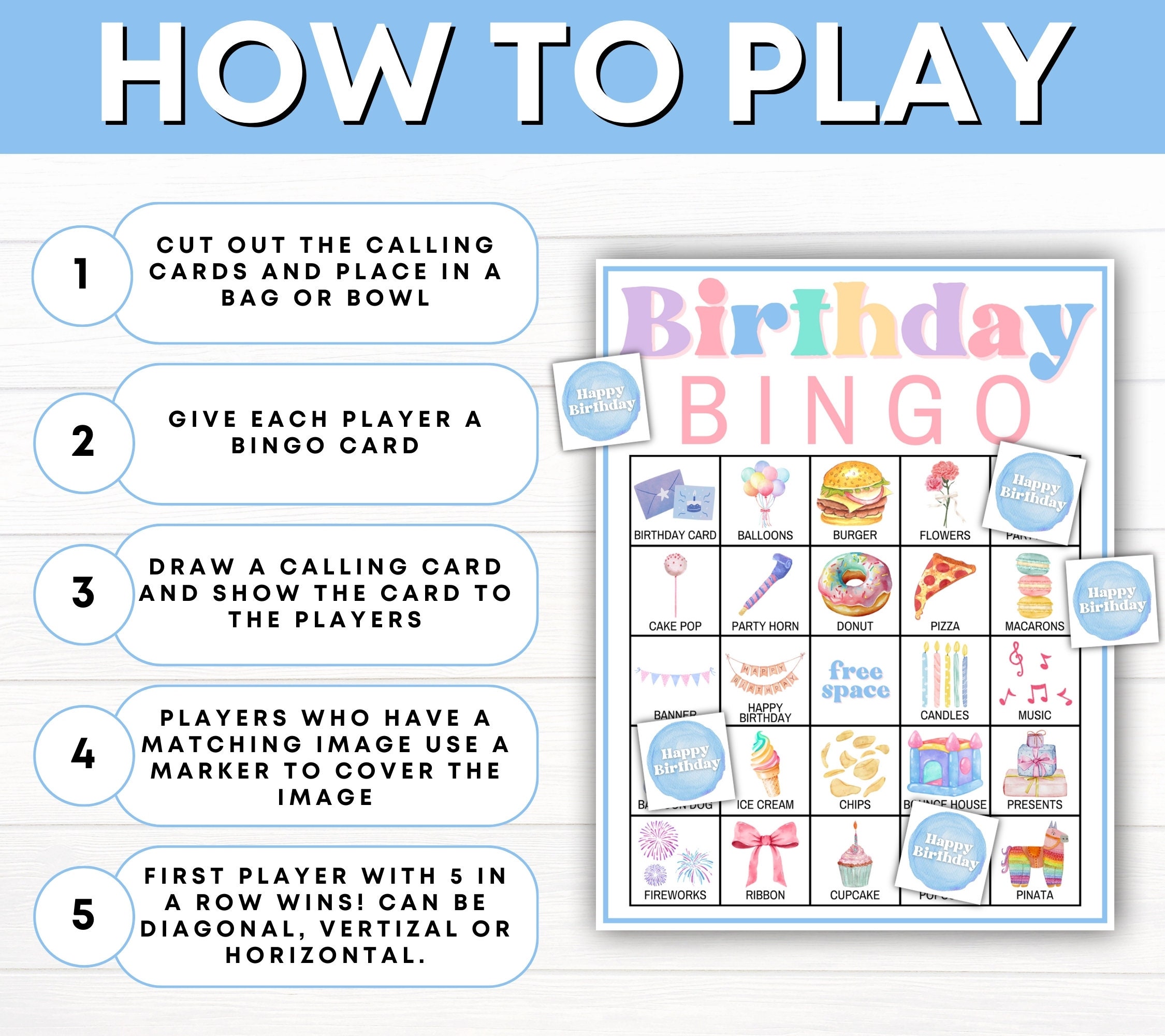 30 Birthday Bingo Cards Printable Game, Pastel Kids Birthday Bingo ...