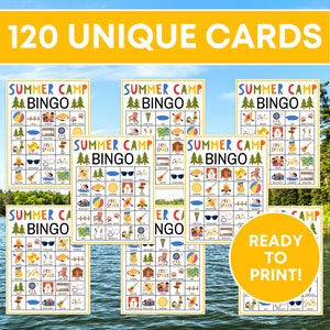120 Summer Camp Bingo Cards Printable Game, Kids Camping Bingo Game ...