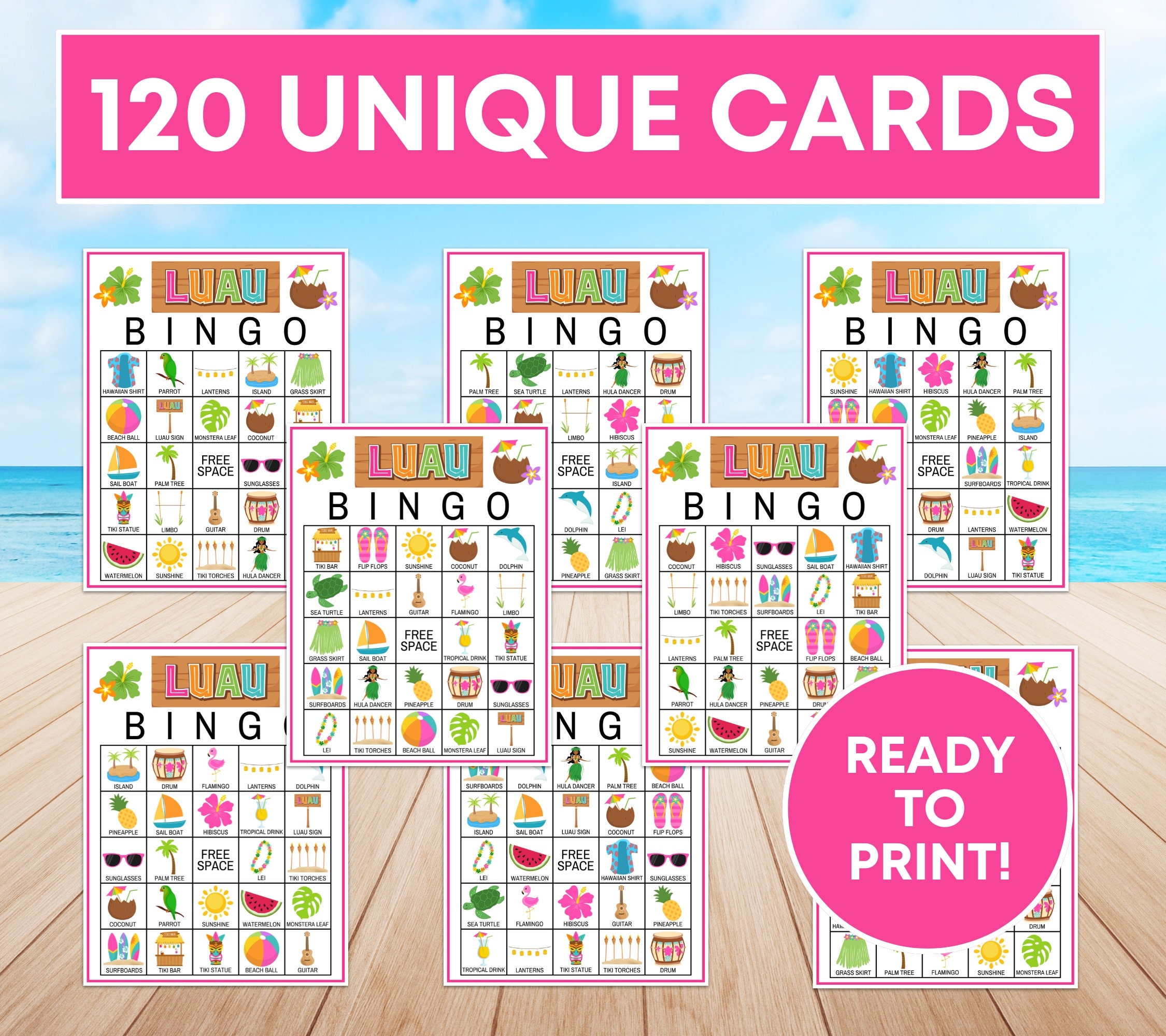120 Luau Bingo Cards Printable Game, Aloha Hawaiian Birthday Party ...