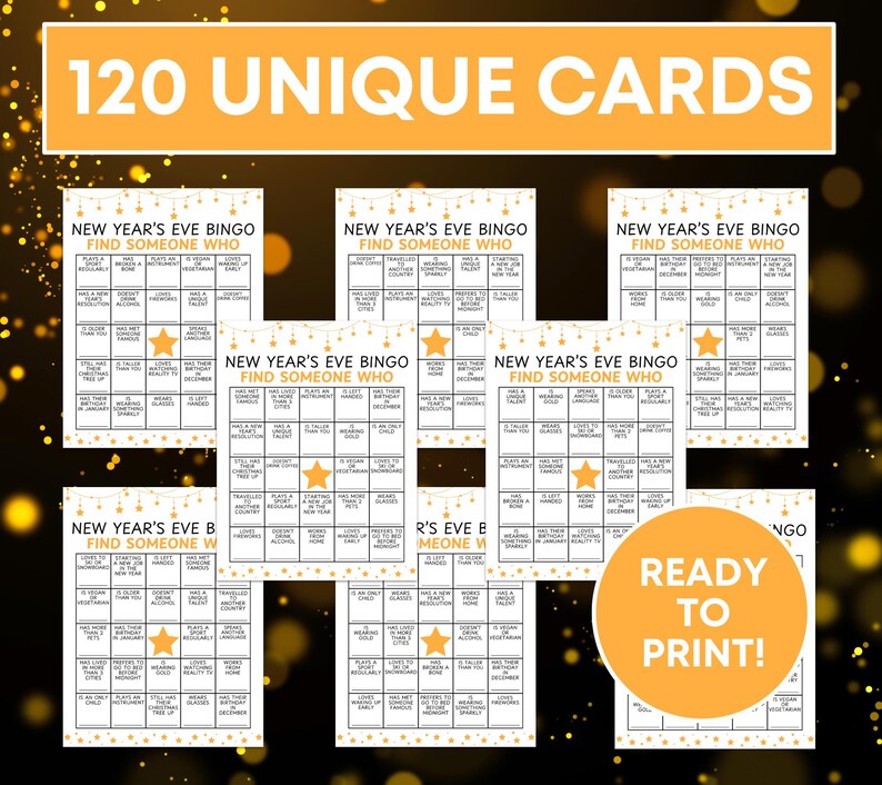 120 New Years Mingle Bingo Cards Printable Game, New Years Eve Find ...