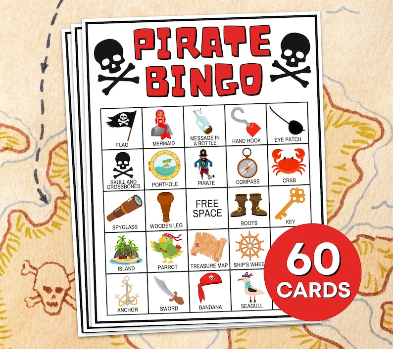 Juego imprimible de 60 cartas de bingo pirata, actividad de juego de ...