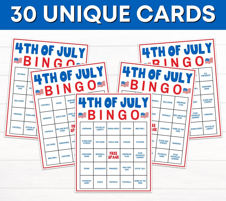 30 Fourth of July Bingo Cards Printable Game, 4th of July USA ...