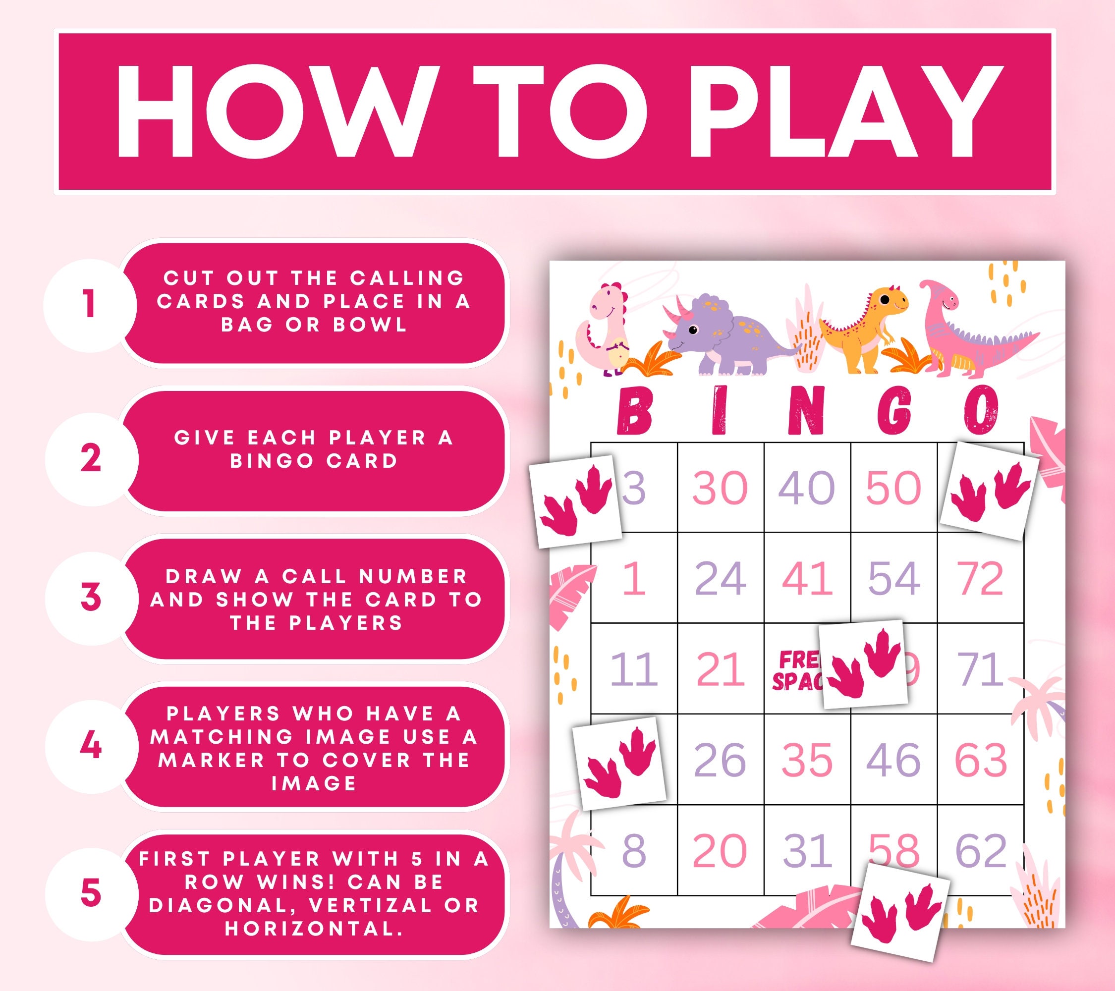 30 Dinosaur Bingo Cards Printable Game, Girl Dinosaur Birthday Party ...