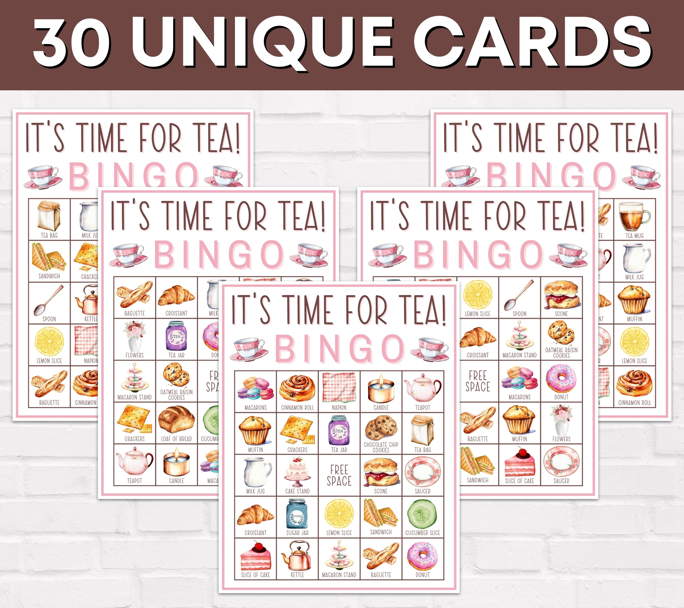 30 Tea Party Bingo Cards Printable Game, Tea Party Bridal Shower Bingo ...