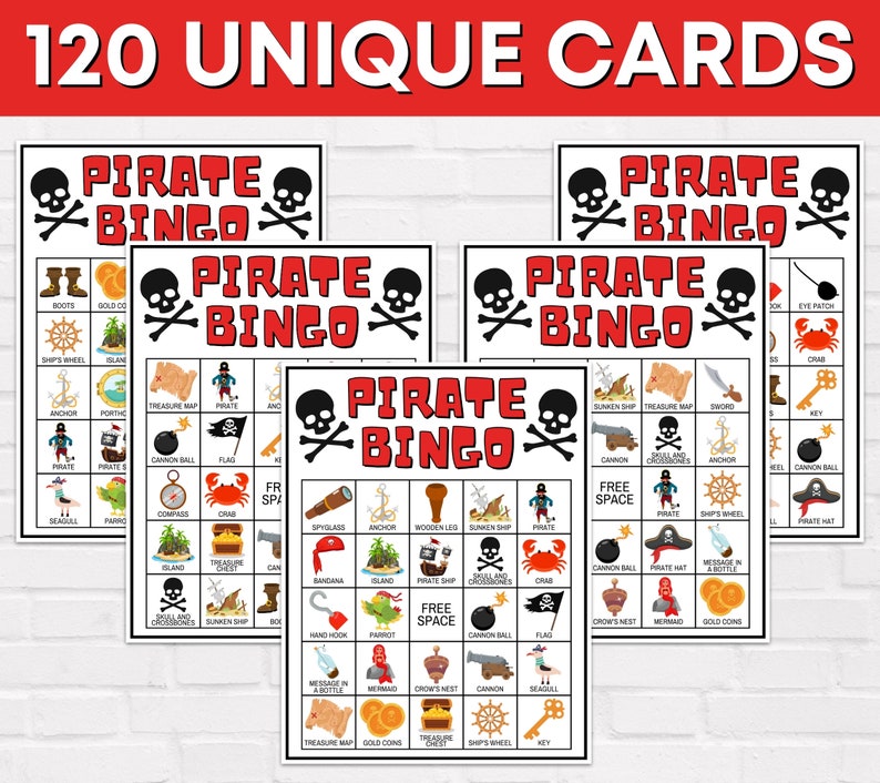 120 Pirate Bingo Cards Printable Game, Pirate Birthday Party Kids Bingo ...