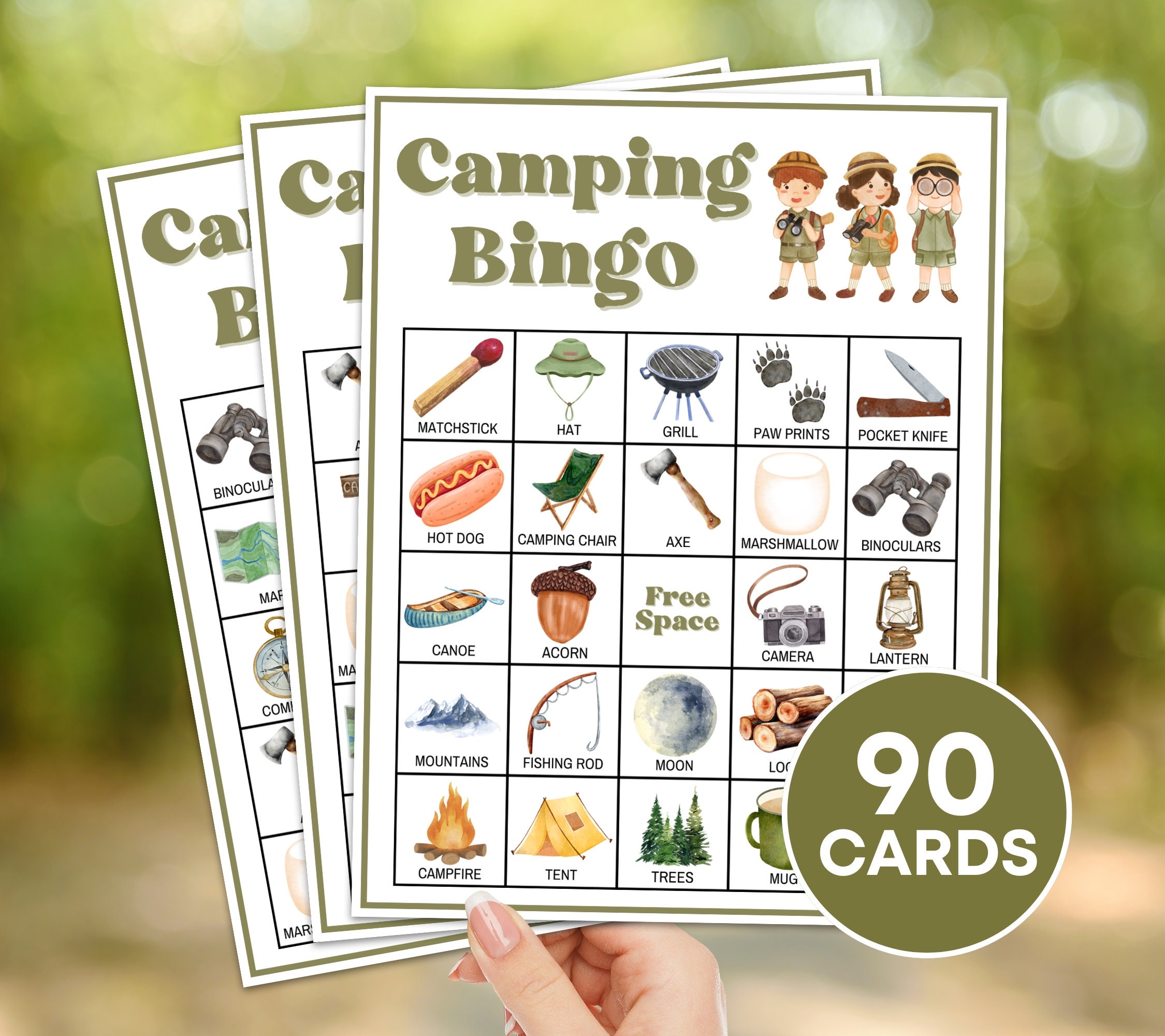 90 Camping Bingo Cards Printable Game, Camping Party Bingo Game ...