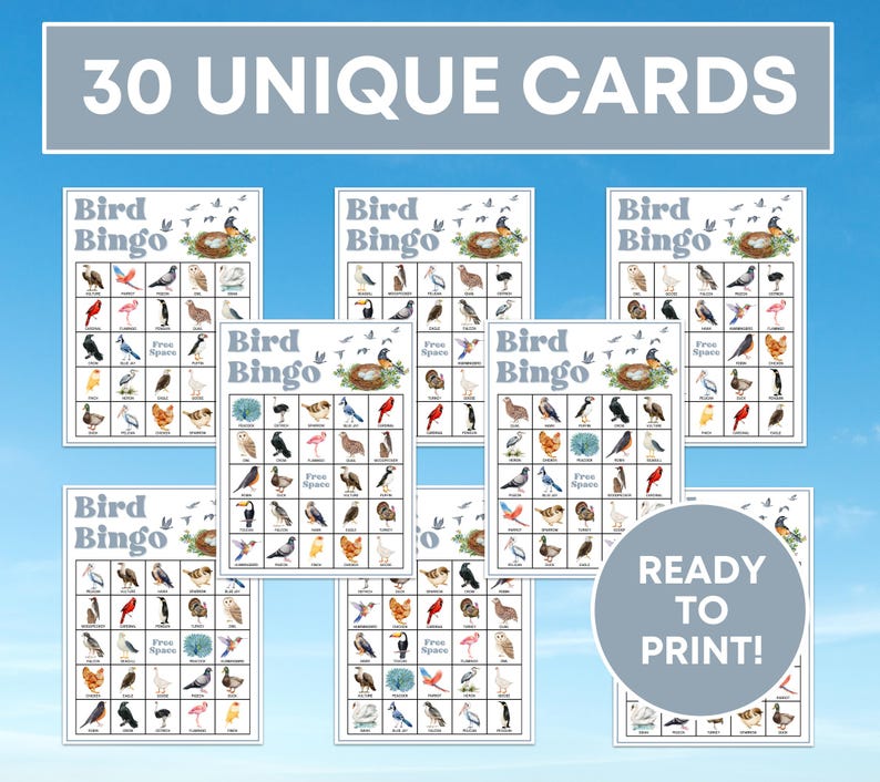 30 Bird Bingo Cards Printable Game, Bird Watching Bingo Activity Kids ...