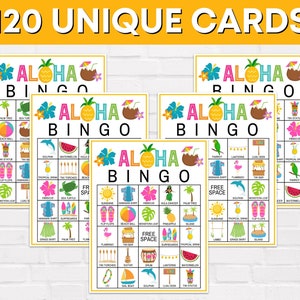 120 Aloha Bingo Cards Printable Game, Luau Hawaiian Birthday Party ...