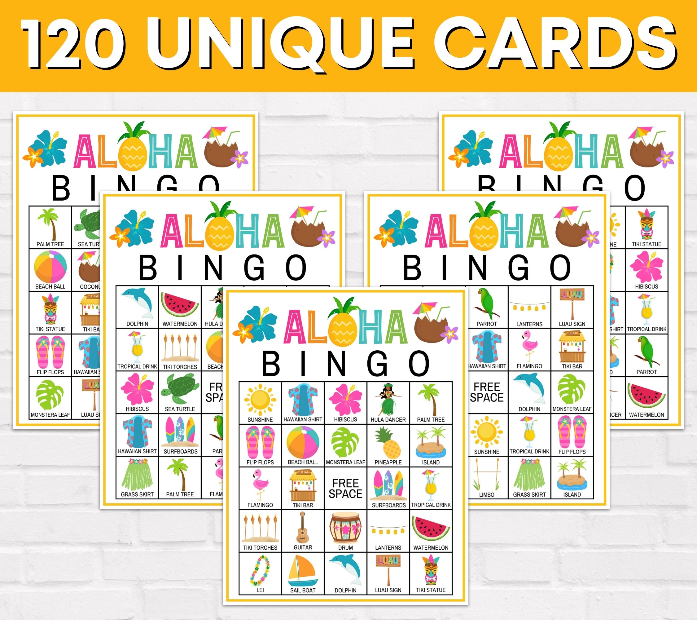 120 Aloha Bingo Cards Printable Game, Luau Hawaiian Birthday Party ...
