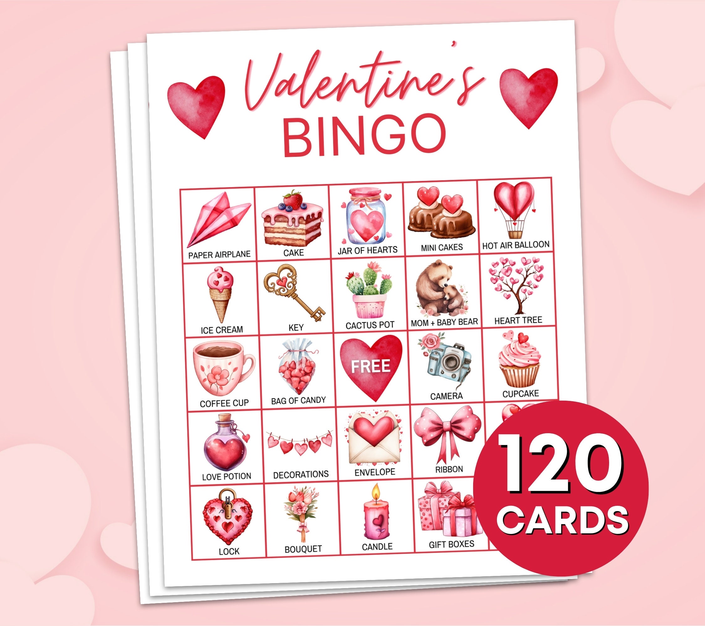 120 Valentines Bingo Game Cards Printable, Valentines Day Bingo Cards ...