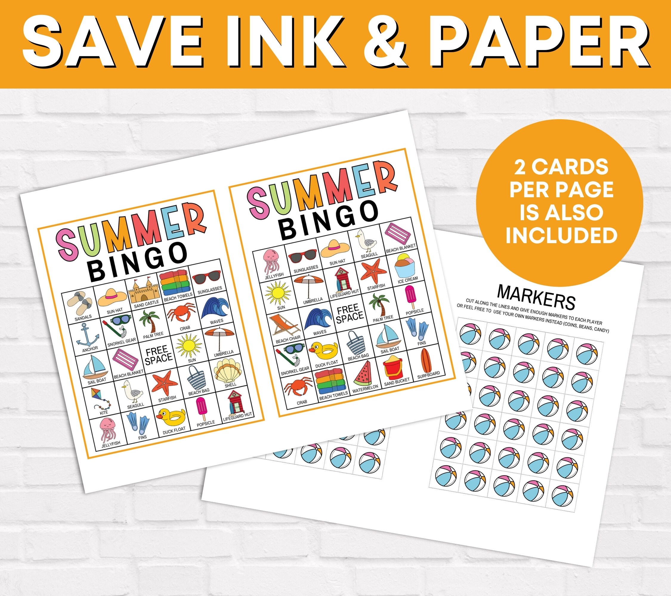 60 Summer Bingo Cards Printable Game, Summer Birthday Party Bingo Game ...