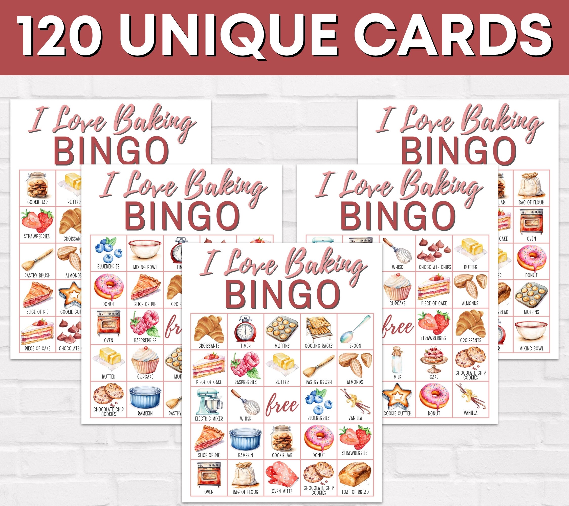 120 Baking Bingo Game Cards Printable, Baking Birthday Party Bingo ...