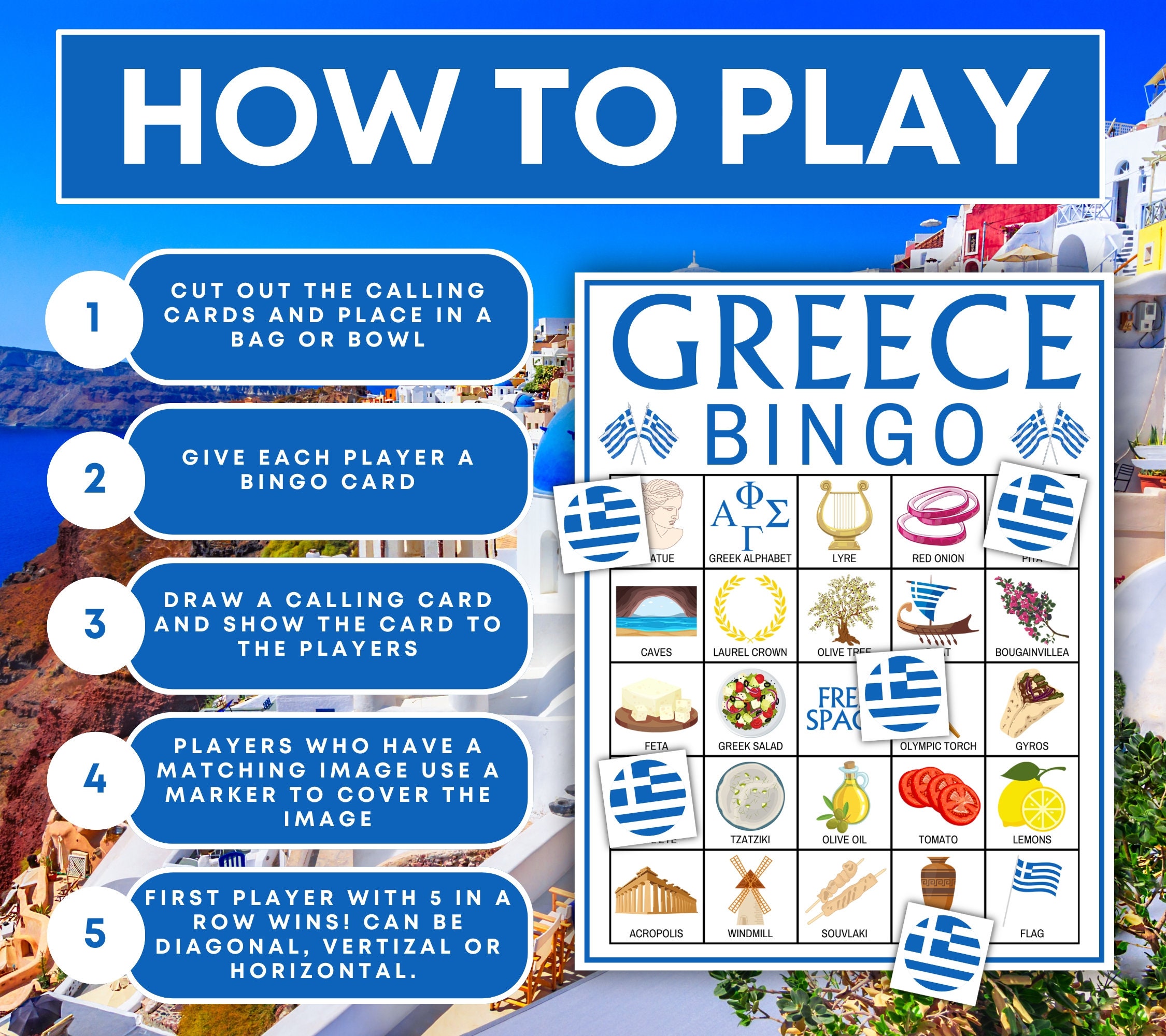 120 Greece Bingo Cards Printable Game, Greece Travel Bingo Boards Game ...
