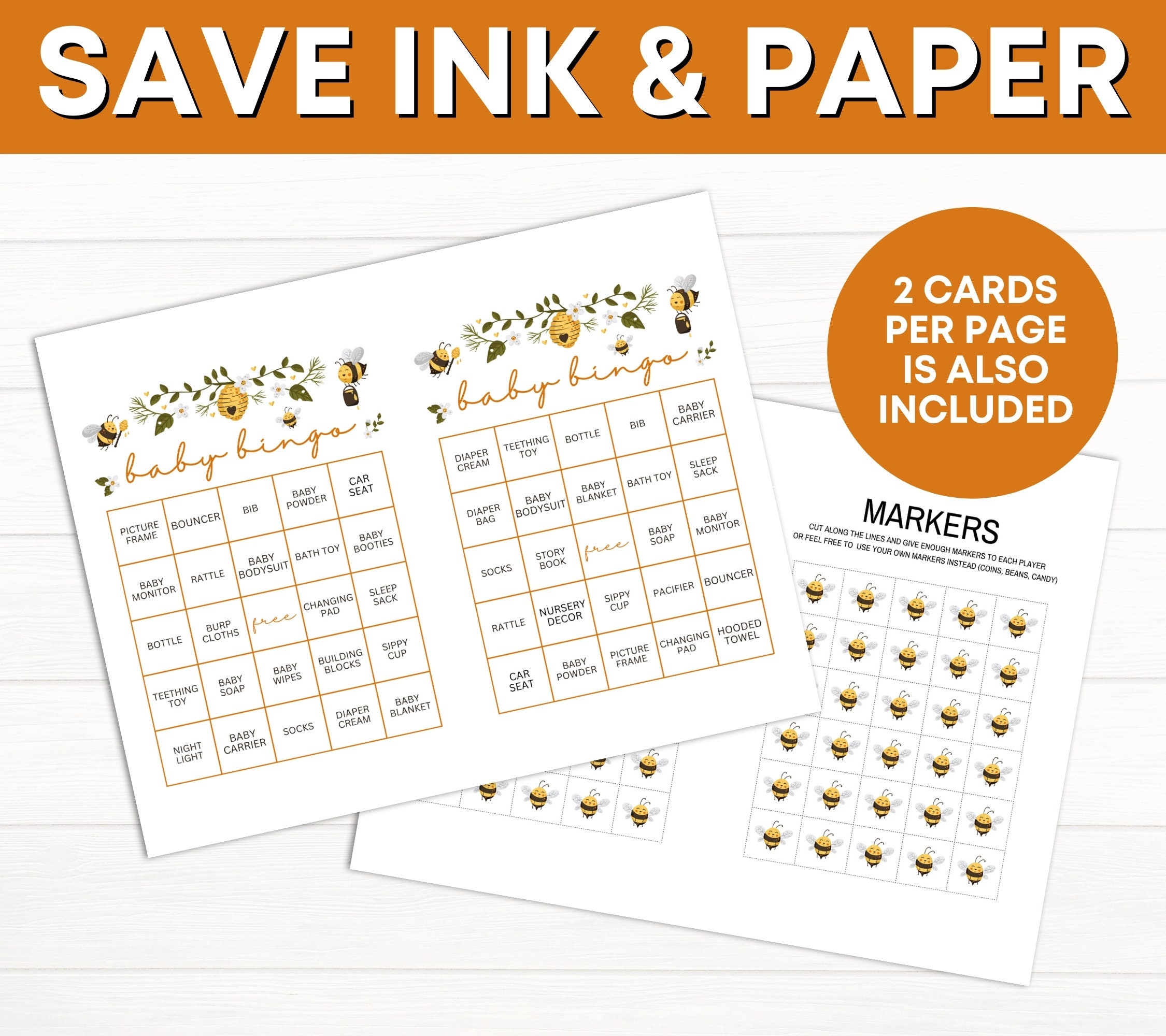 90 Bee Baby Shower Bingo Cards Printable Game, Baby Bee Shower Gift ...