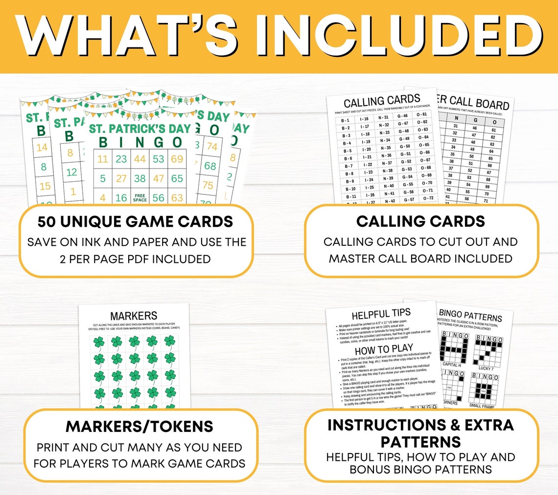 50 St Patricks Day Bingo Cards Game Printable, St Patrick Bingo Boards ...
