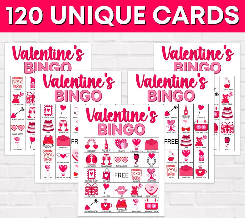 120 Valentines Bingo Game Cards Printable, Valentines Day Bingo Cards ...