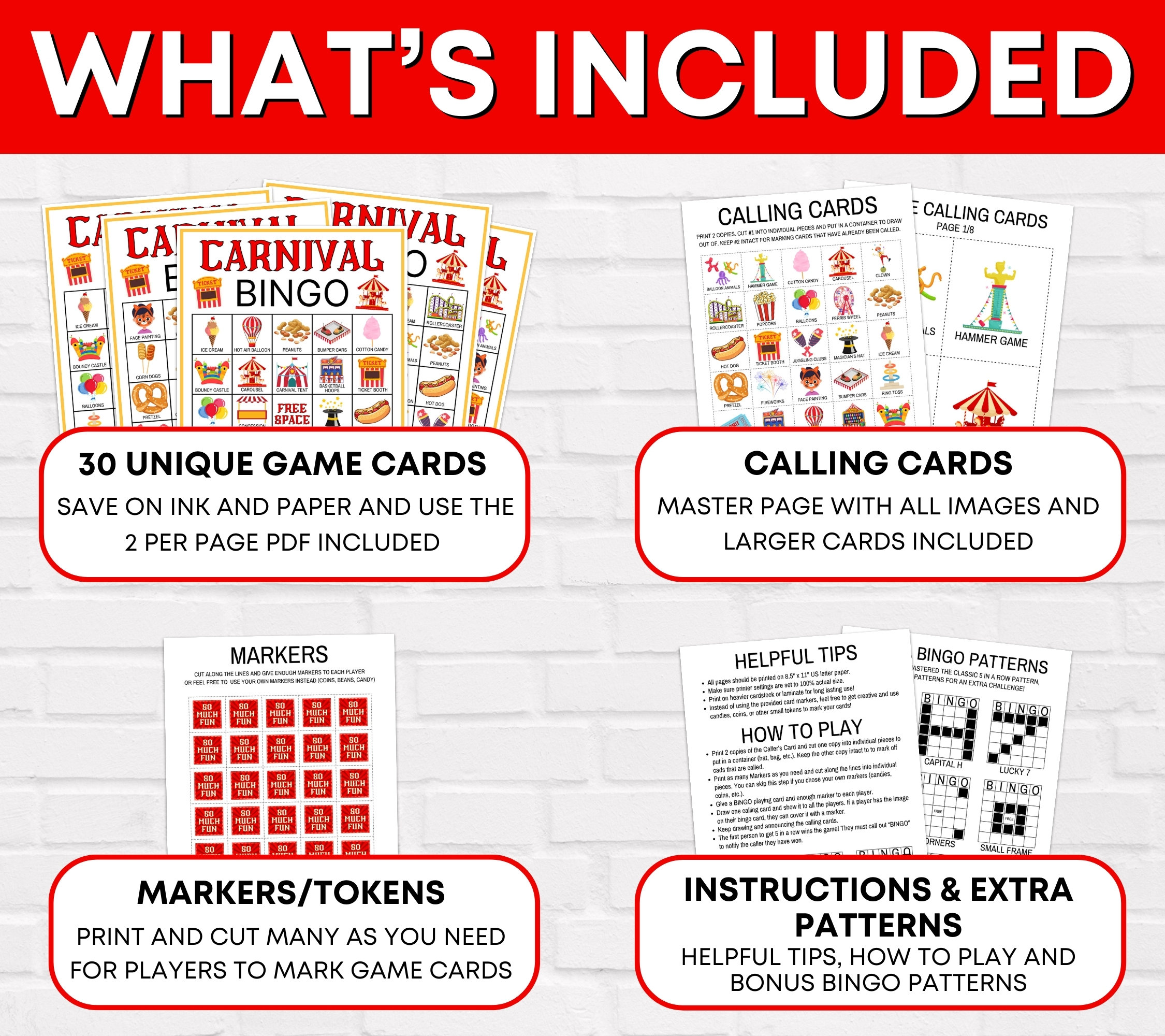 30 Carnival Bingo Cards Printable Game, Carnival Party Bingo Boards ...