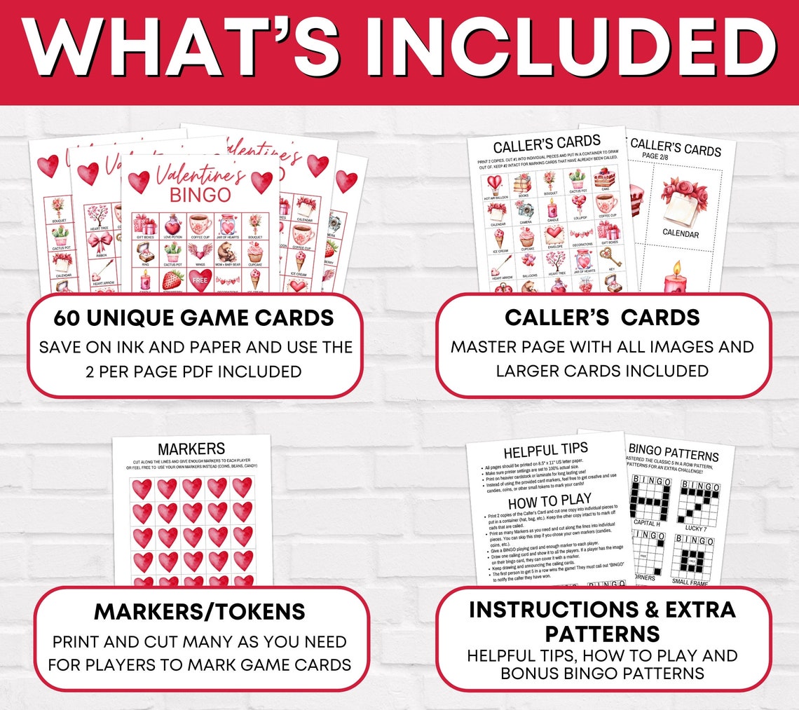 60 Valentines Bingo Game Cards Printable, Valentine's Day Bingo Cards ...