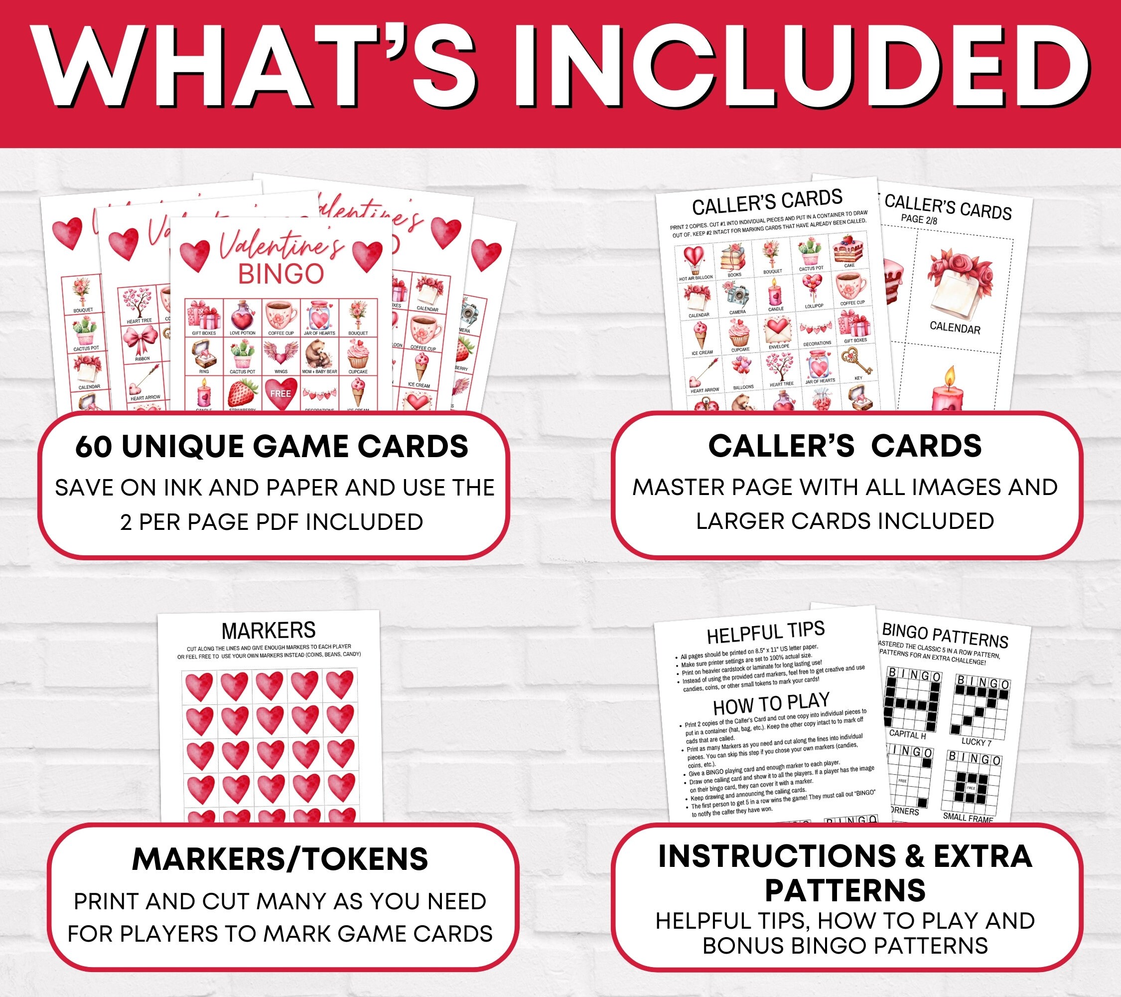 60 Valentines Bingo Game Cards Printable, Valentine's Day Bingo Cards ...