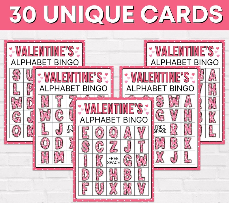 30 Valentines Alphabet Bingo Game Cards Printable, Valentine Classroom ...