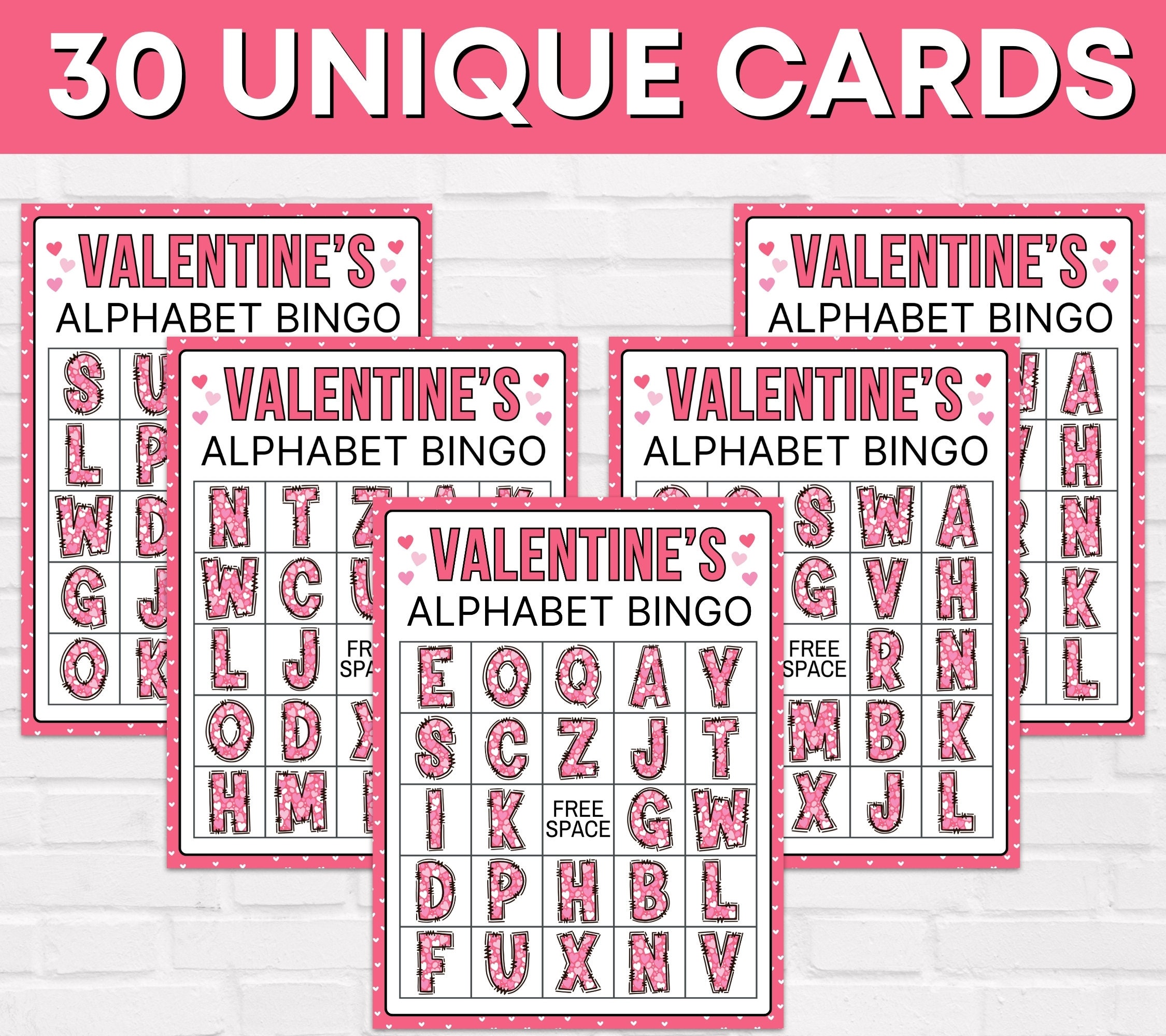 30 Valentines Alphabet Bingo Game Cards Printable, Valentine Classroom ...