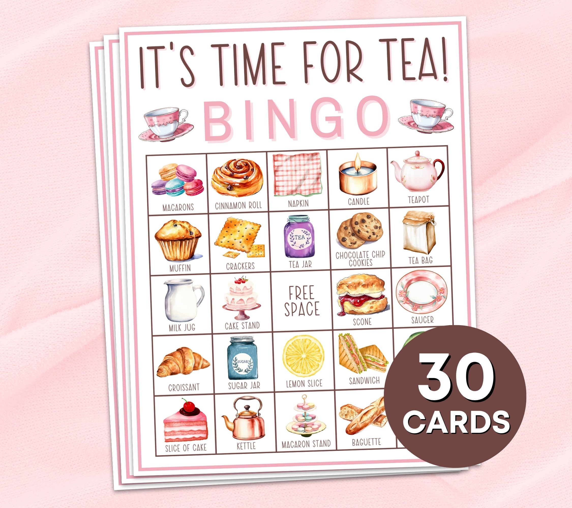 30 Tea Party Bingo Cards Printable Game, Tea Party Bridal Shower Bingo ...