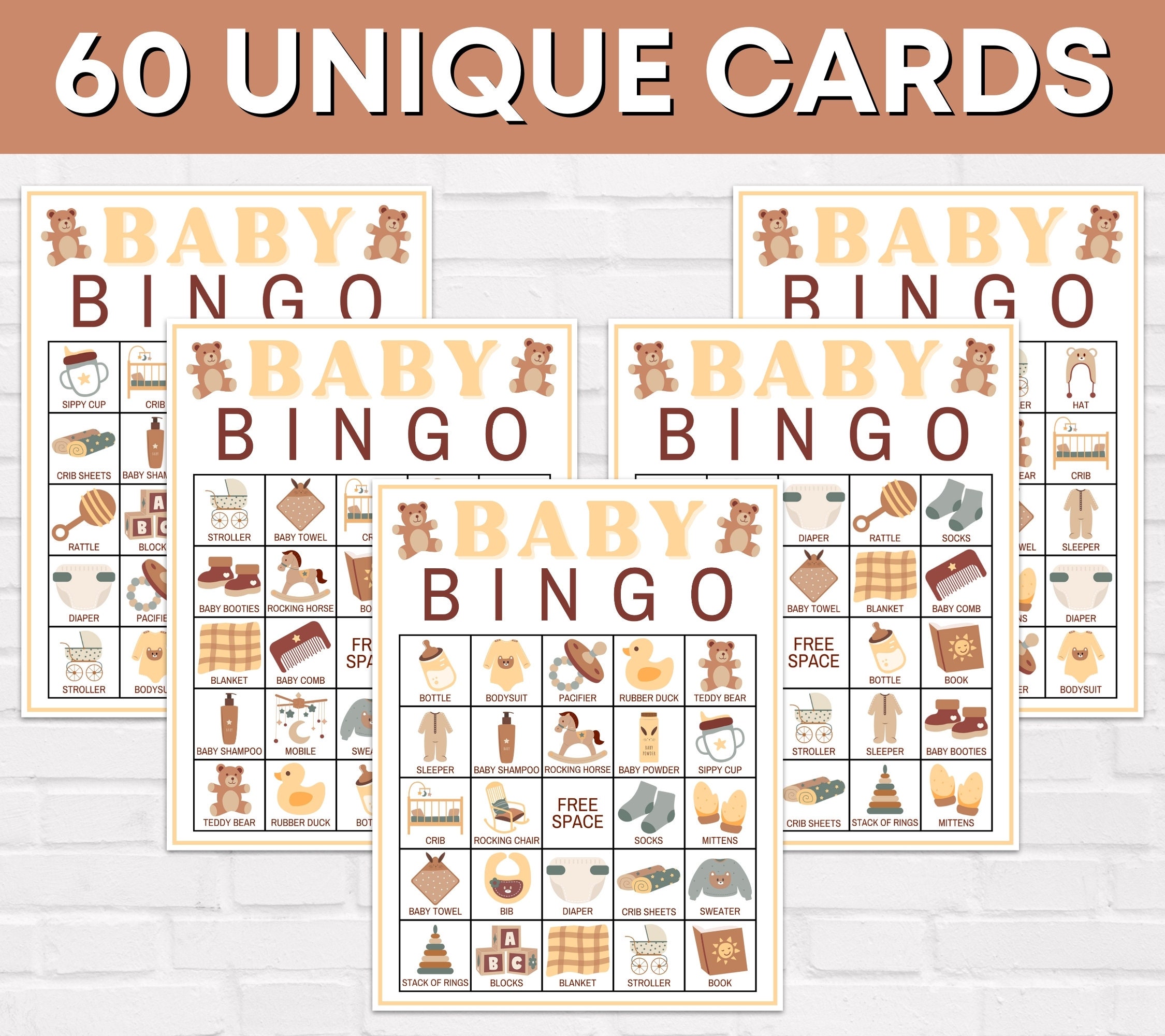 60 Baby Bingo Cards Printable Game, Boho Baby Shower Bingo Game Cards ...