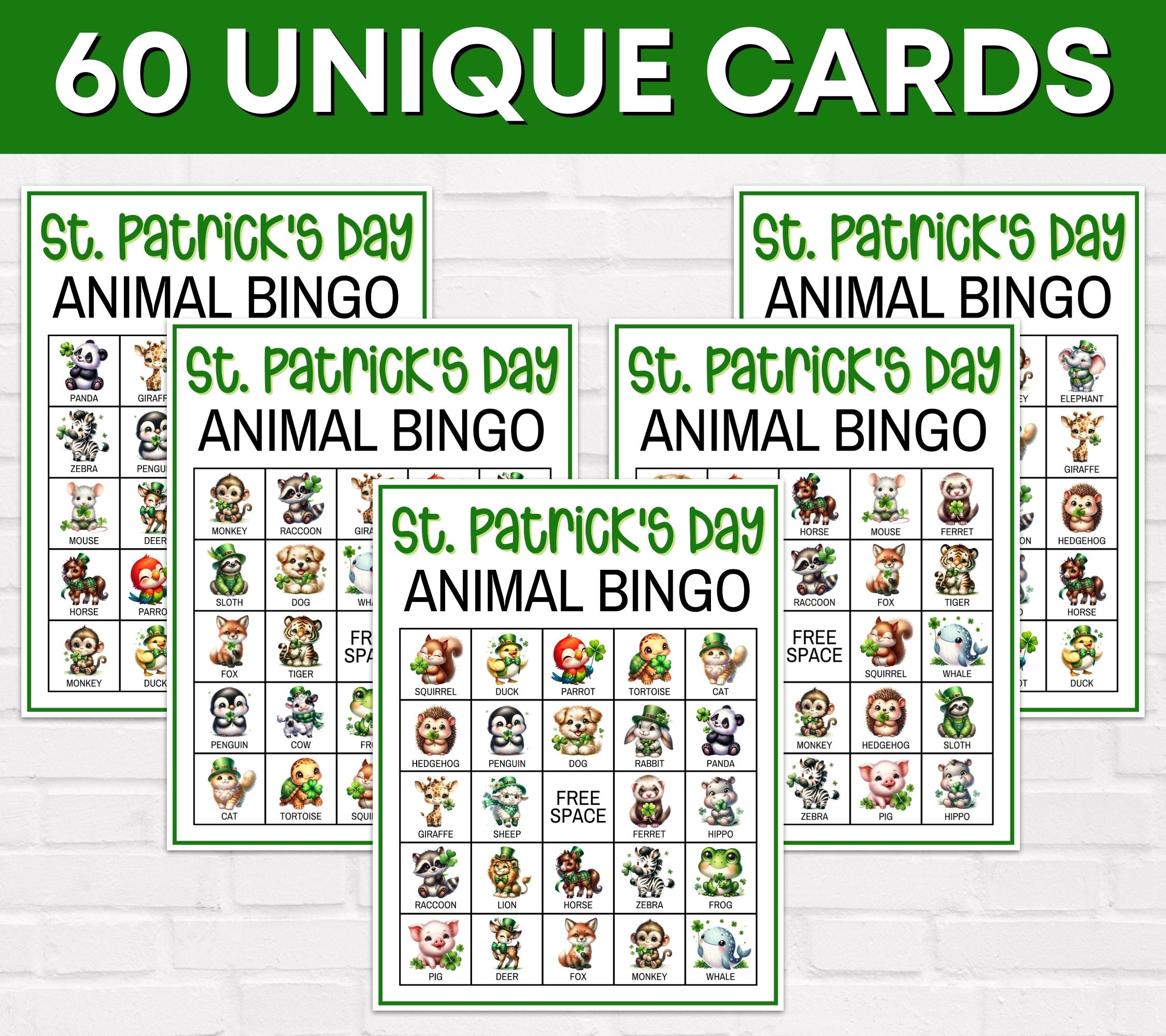 60 St Patricks Day Animal Bingo Cards Game Printable, St Patricks ...