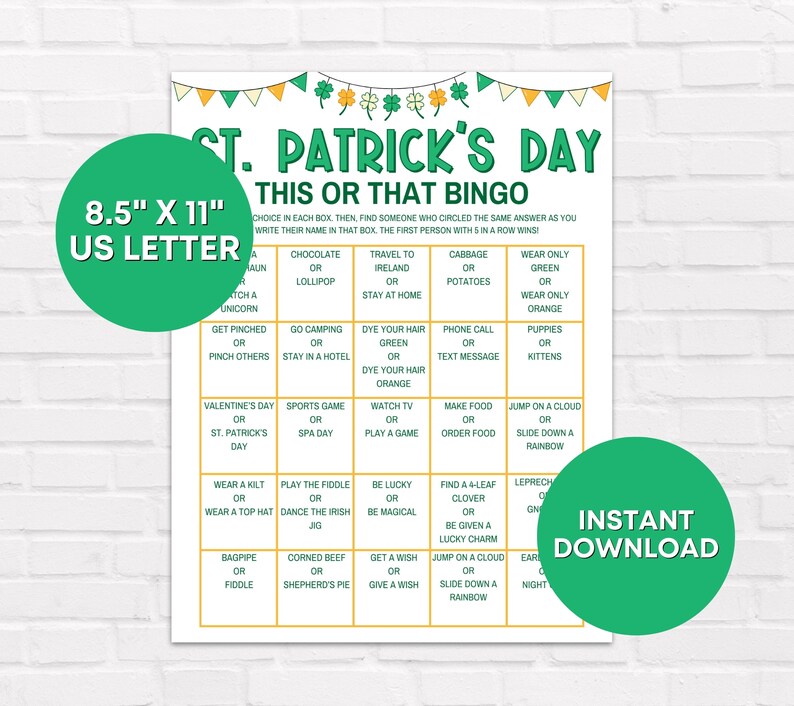 St Patrick's Day This or That Bingo Game, St Patricks Day Party Mingle ...