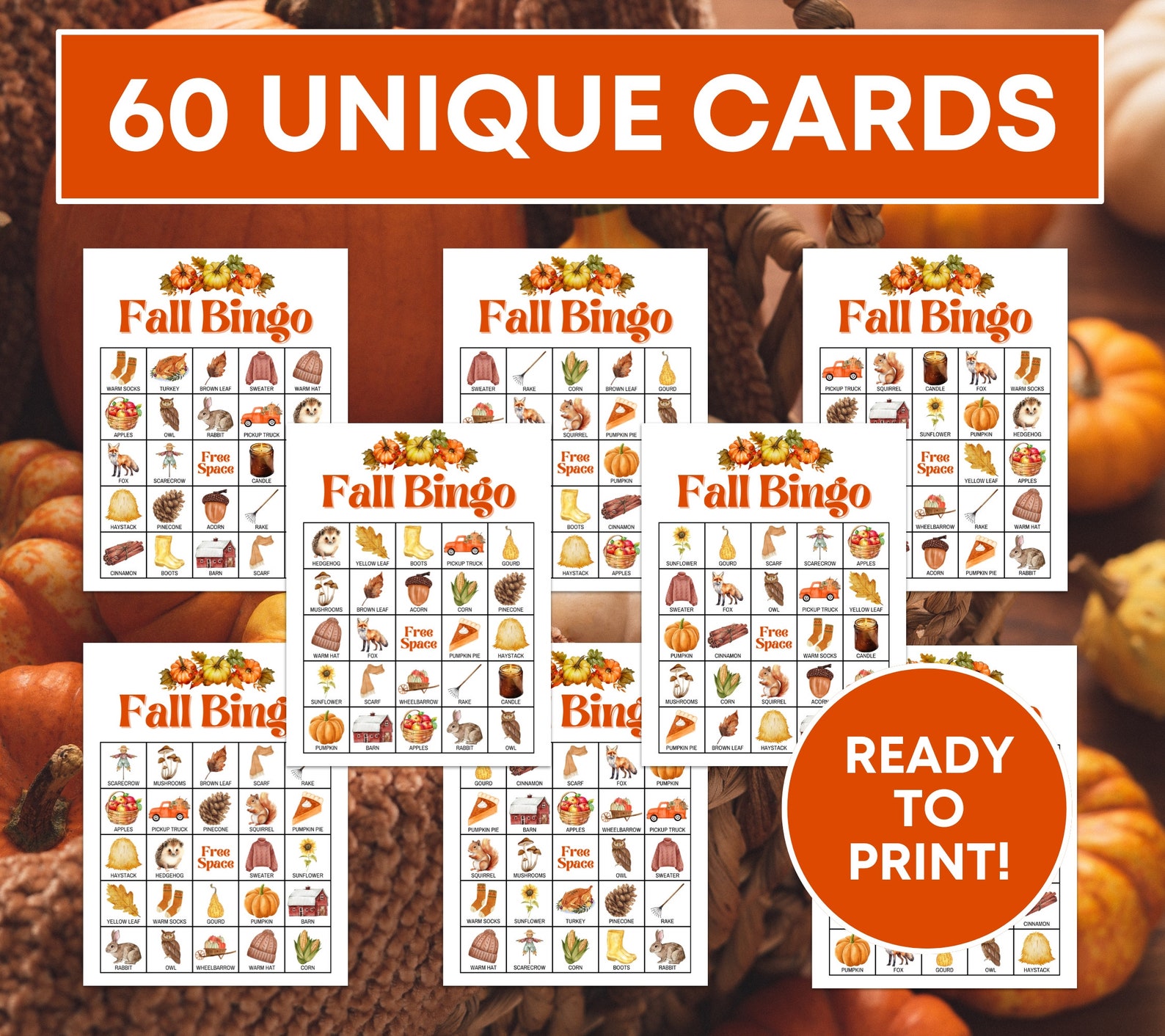60 Fall Bingo Cards Printable Game, Fall Autumn Bingo Boards, Fall ...