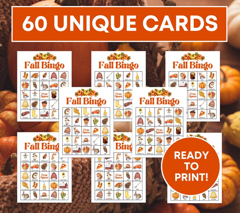 60 Fall Bingo Cards Printable Game, Fall Autumn Bingo Boards, Fall ...