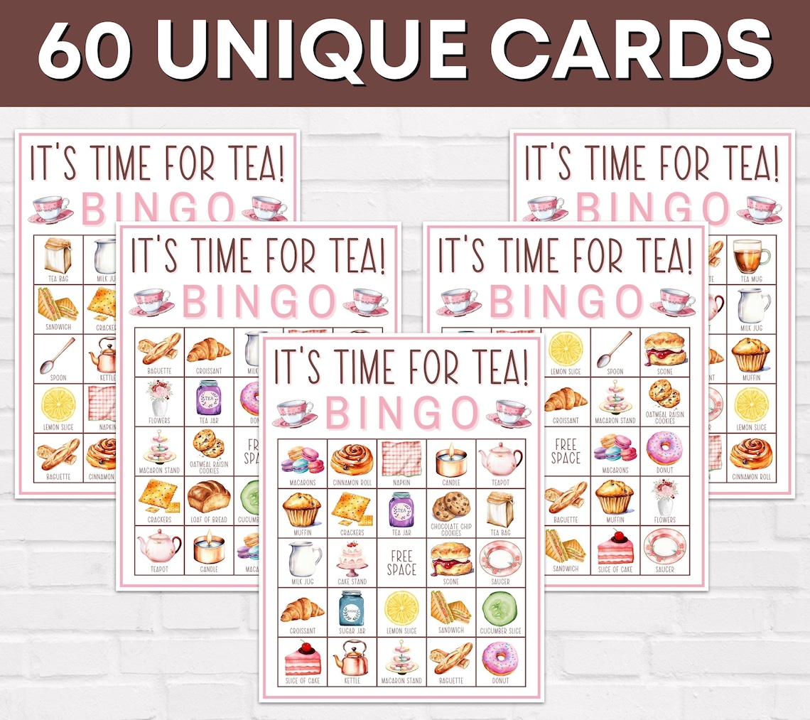 60 Tea Party Bingo Cards Printable Game, Tea Party Bridal Shower Bingo ...