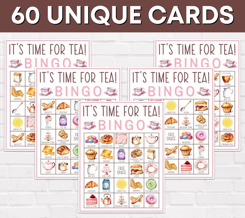 60 Tea Party Bingo Cards Printable Game, Tea Party Bridal Shower Bingo ...