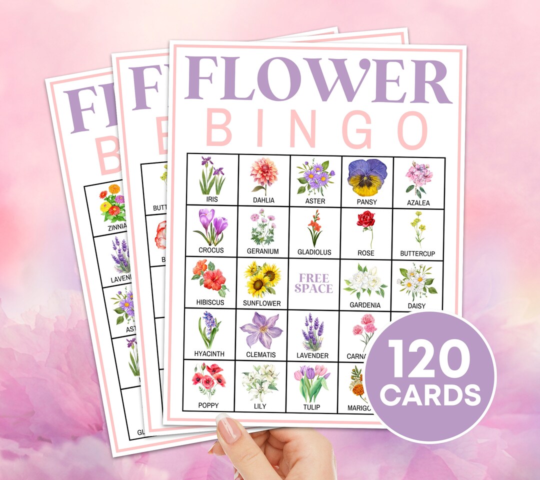 120 Flower Bingo Cards Printable Game, Floral Spring Bingo Boards Kids ...
