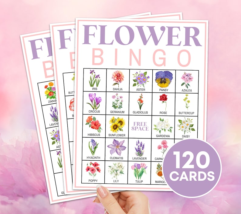 120 Flower Bingo Cards Printable Game, Floral Spring Bingo Boards Kids ...
