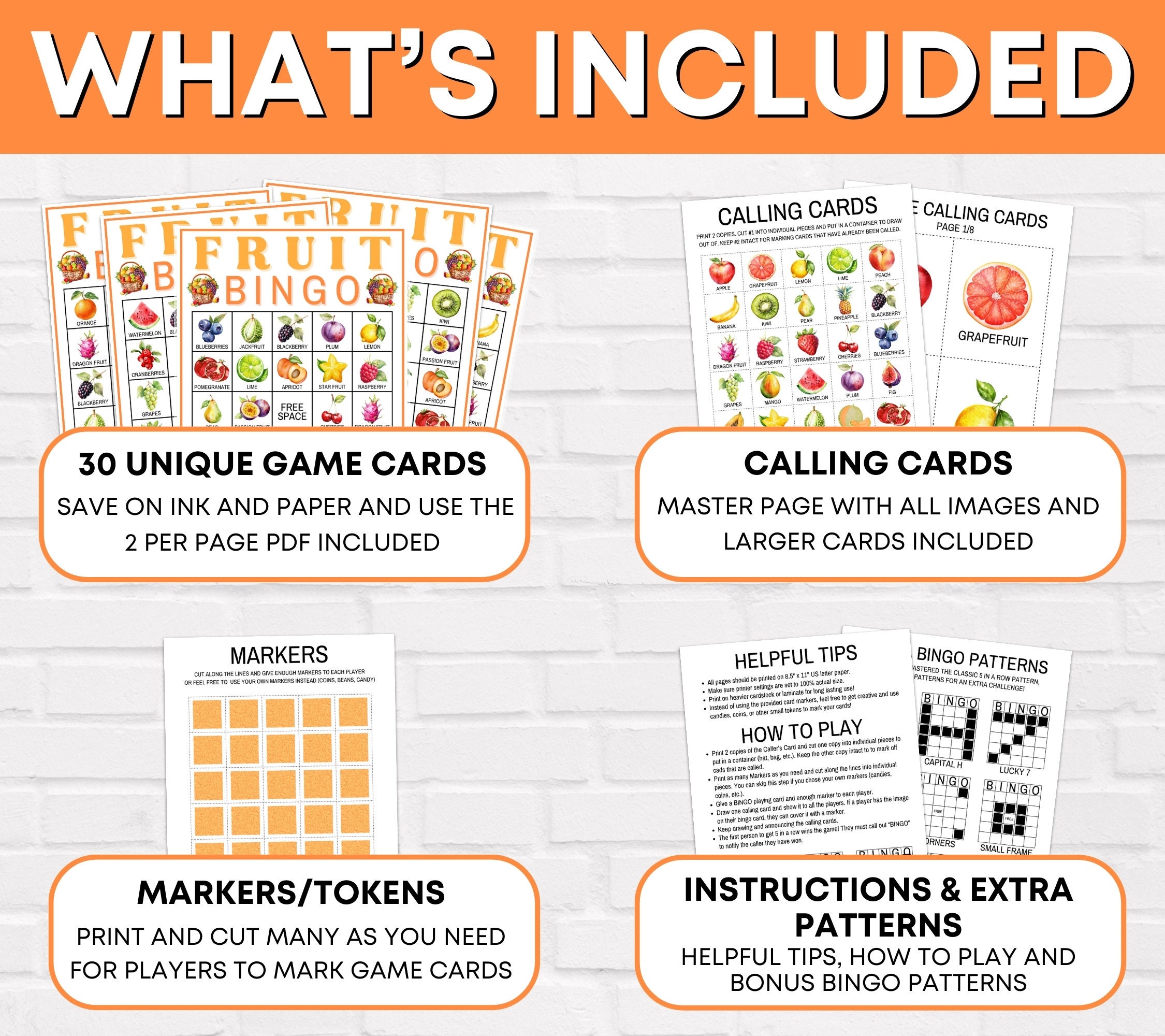 30 Fruit Bingo Cards Printable Game, Fruit Bingo Boards Game, Fruit ...