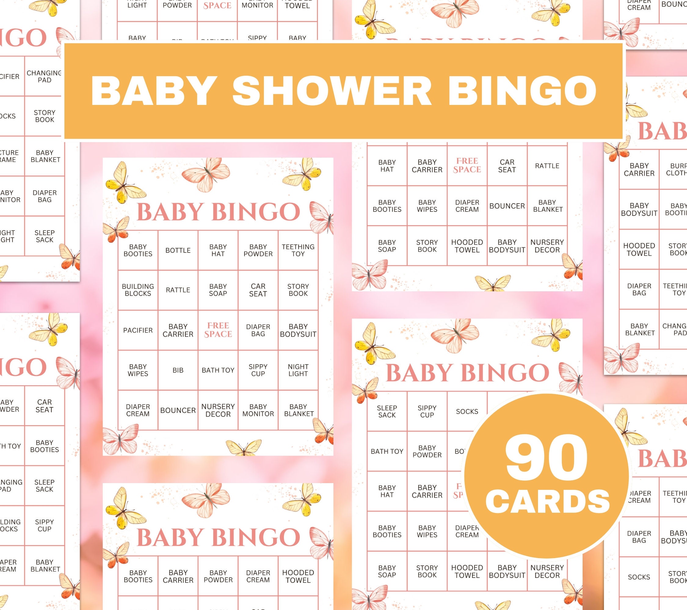 90 Butterflies Baby Shower Bingo Cards Printable Game, Baby Butterfly ...