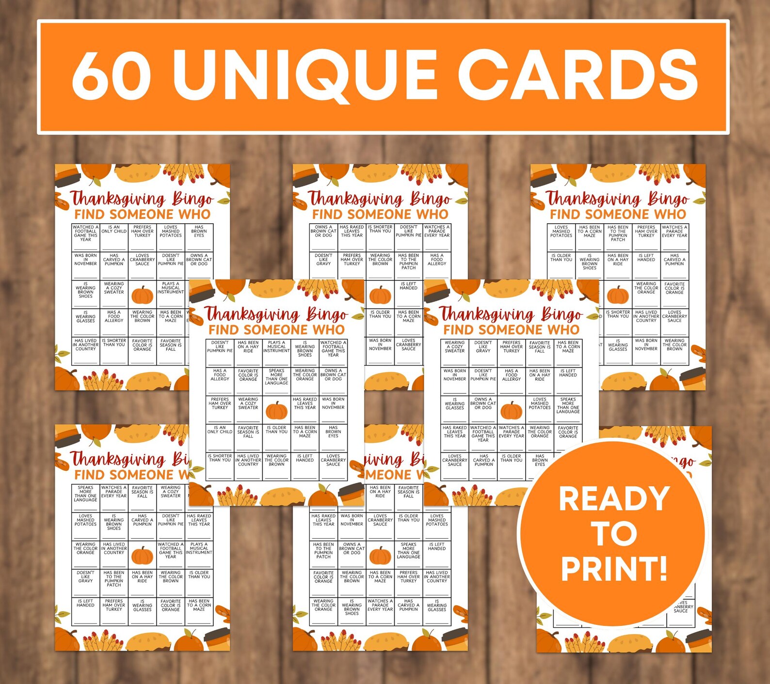 60 Thanksgiving Mingle Bingo Card Printable Game,thanksgiving Fall Find ...