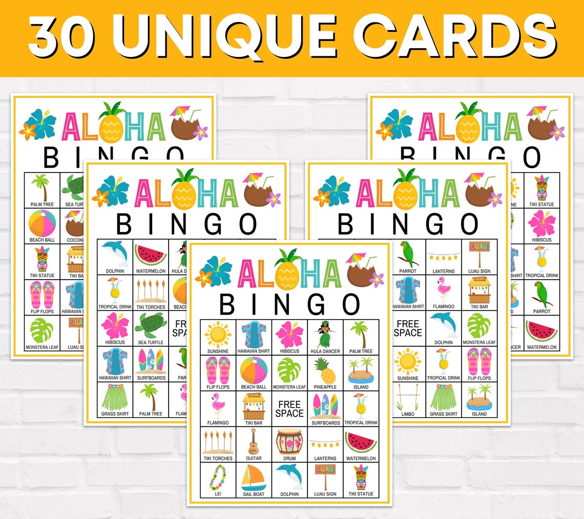 30 Aloha Bingo Cards Printable Game, Luau Hawaiian Birthday Party Bingo ...