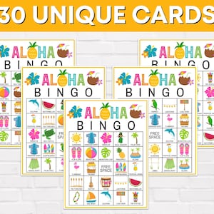 30 Aloha Bingo Cards Printable Game, Luau Hawaiian Birthday Party Bingo ...