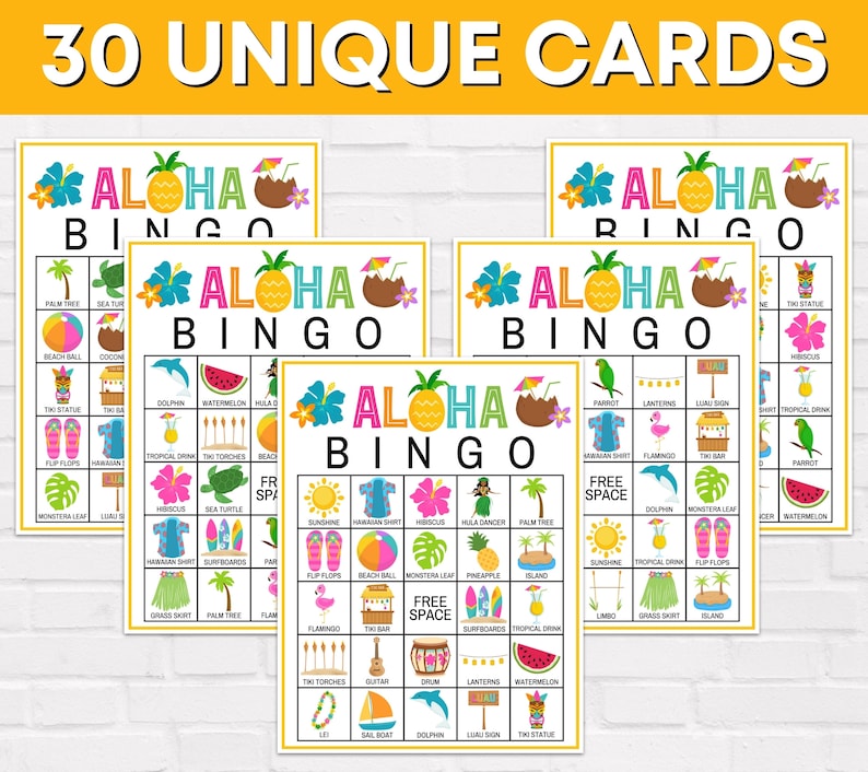 30 Aloha Bingo Cards Printable Game, Luau Hawaiian Birthday Party Bingo ...