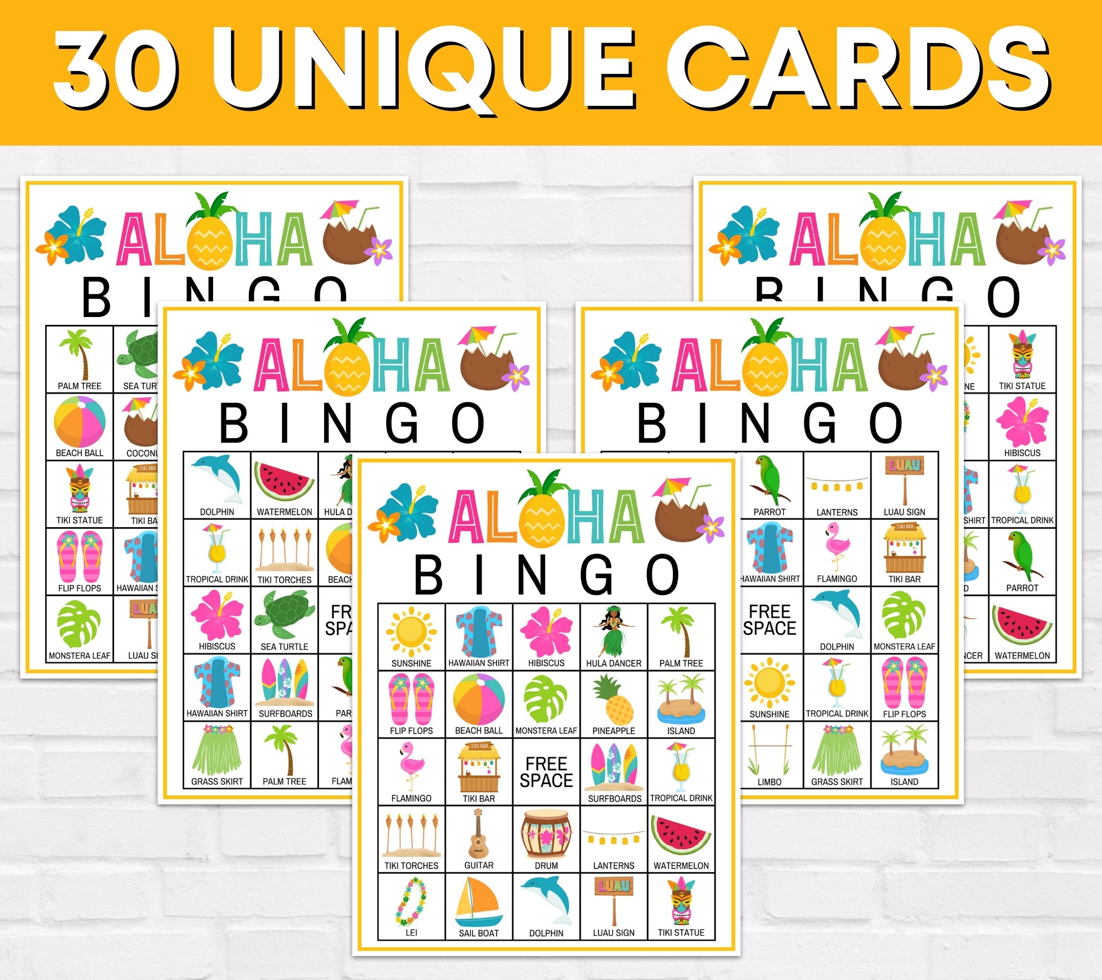 30 Aloha Bingo Cards Printable Game, Luau Hawaiian Birthday Party Bingo ...