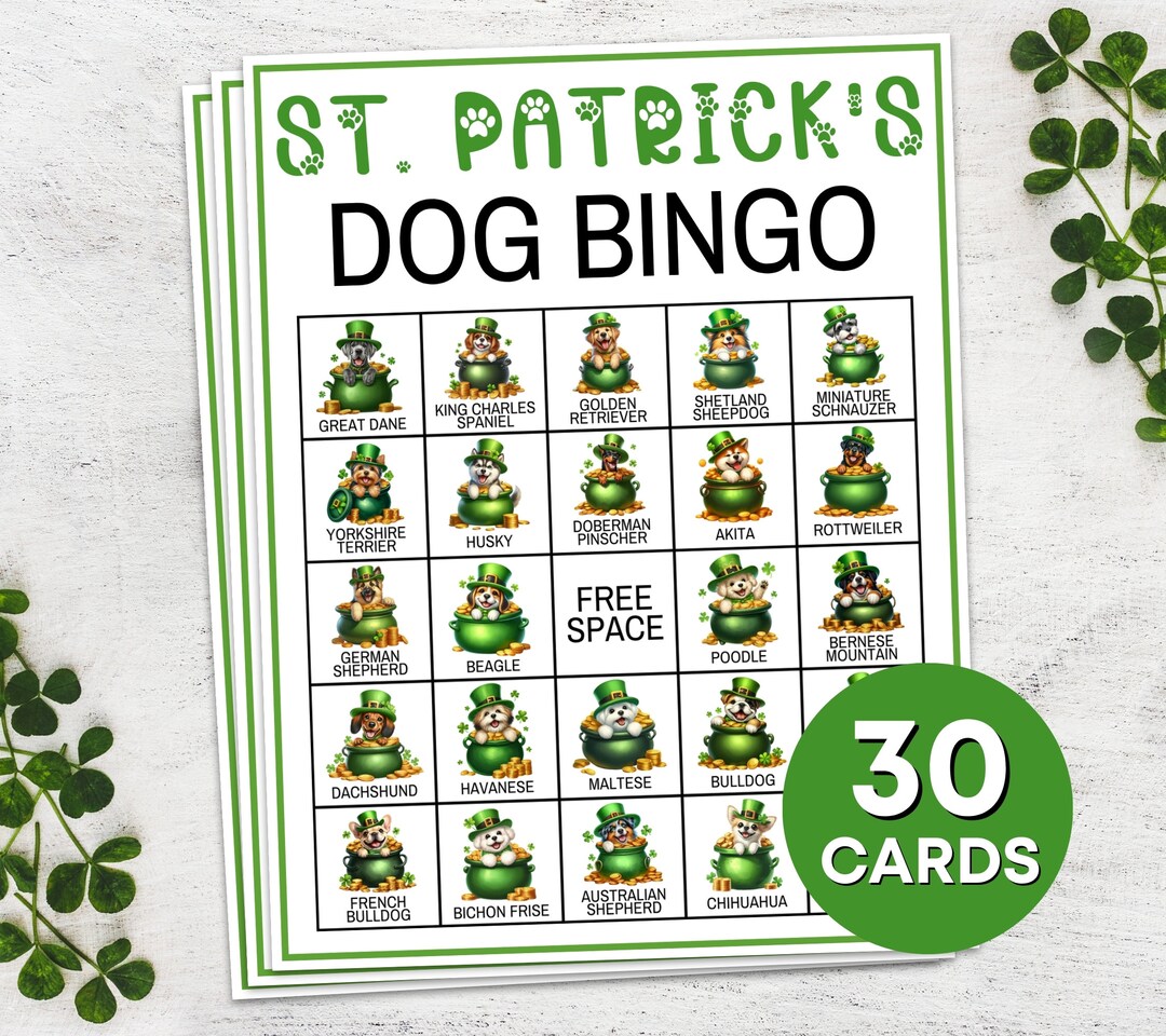 30 St Patricks Day Dog Bingo Cards Game Printable, St Patrick Dog Breed ...