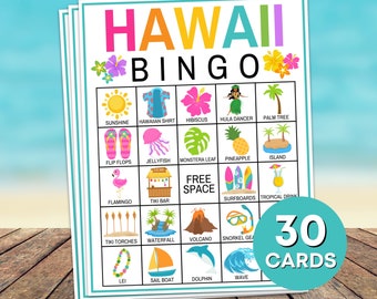 30 Luau Bingo Cards Printable Game, Aloha Hawaiian Birthday Party Bingo ...