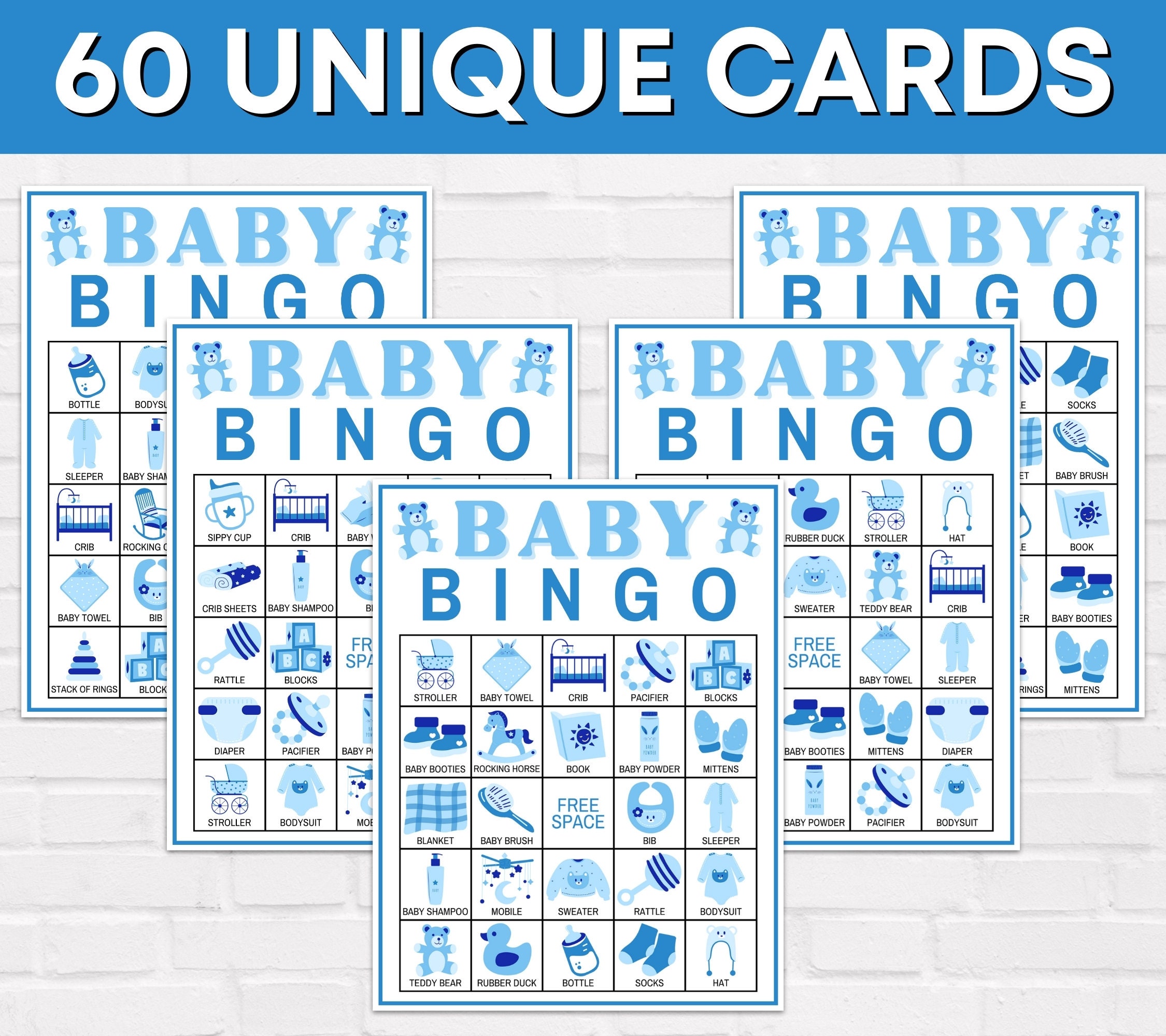 60 Baby Bingo Cards Printable Game, Baby Boy Shower Bingo Game Boards ...