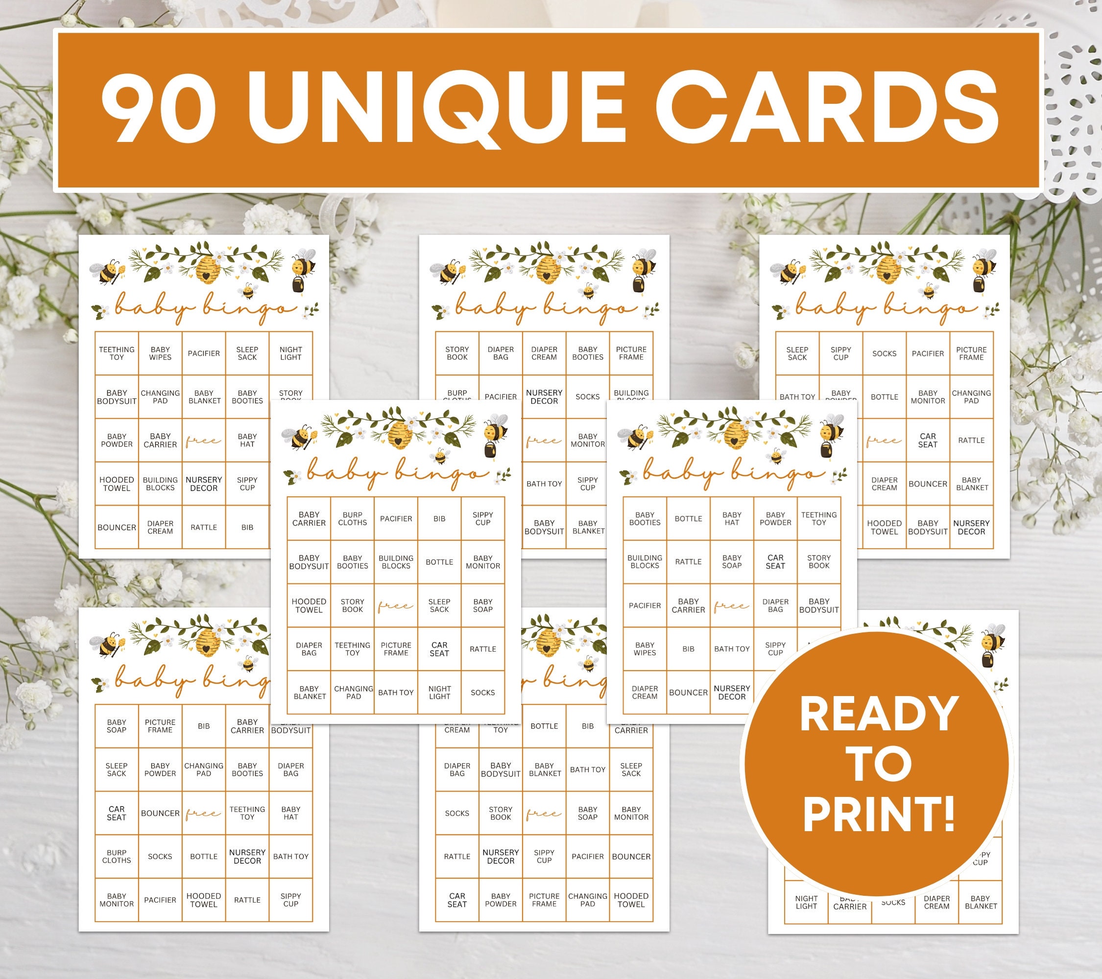 90 Bee Baby Shower Bingo Cards Printable Game, Baby Bee Shower Gift ...
