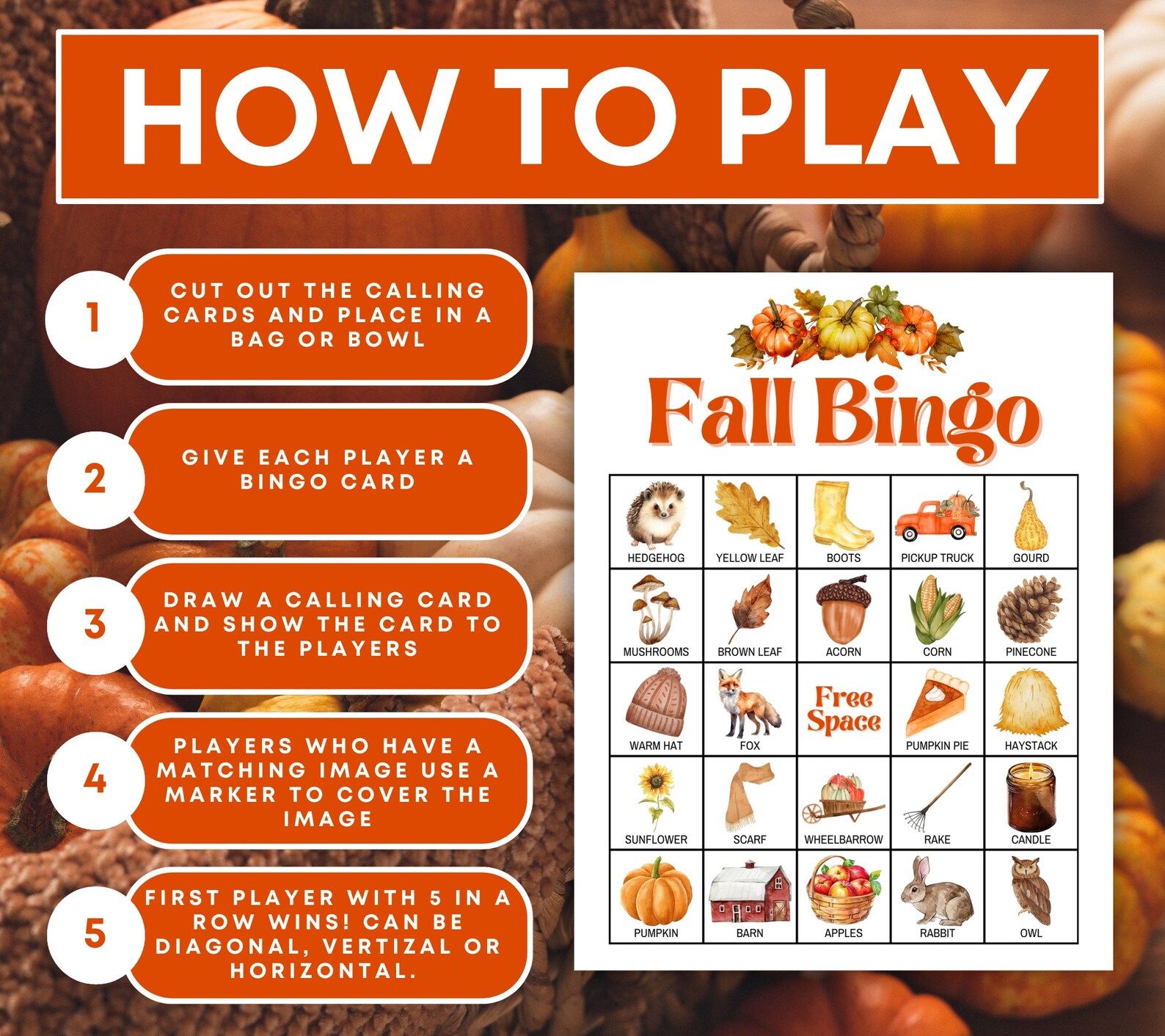 60 Fall Bingo Cards Printable Game, Fall Autumn Bingo Boards, Fall ...